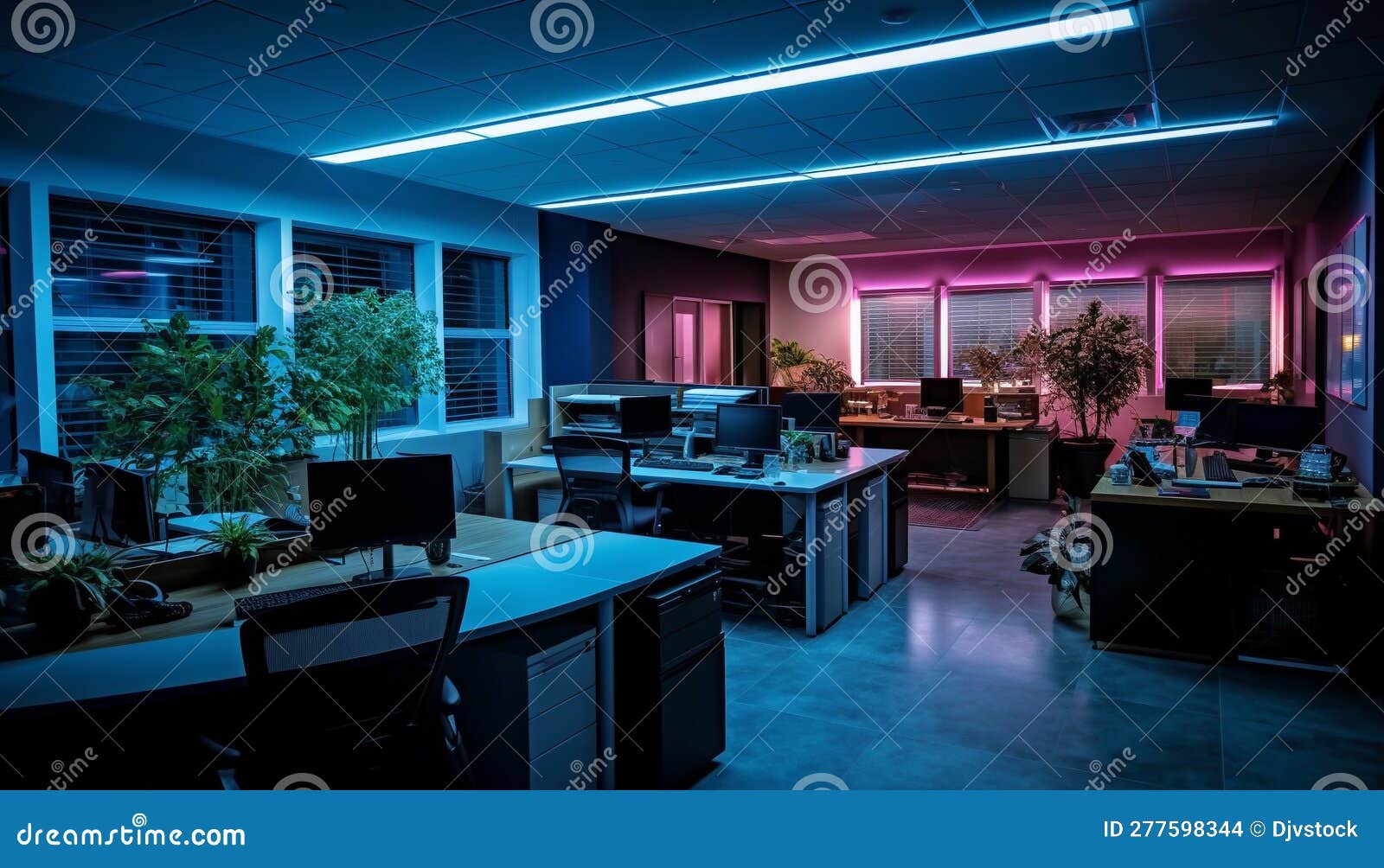 Modern Office Design with Blue Lighting Equipment and Computer Monitor ...