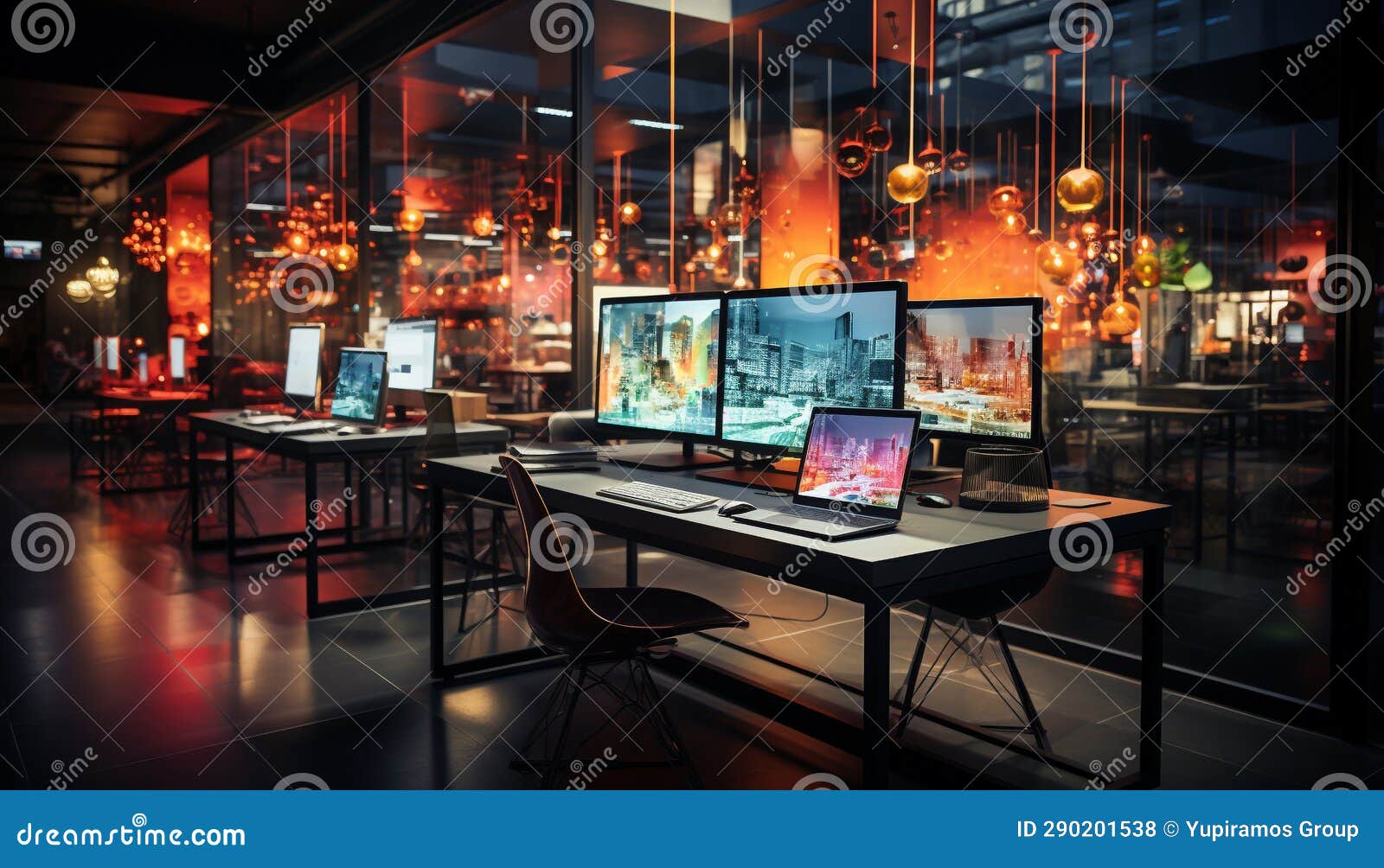 Modern Office Design with Bright Lighting, Computer Monitor, and Desk ...