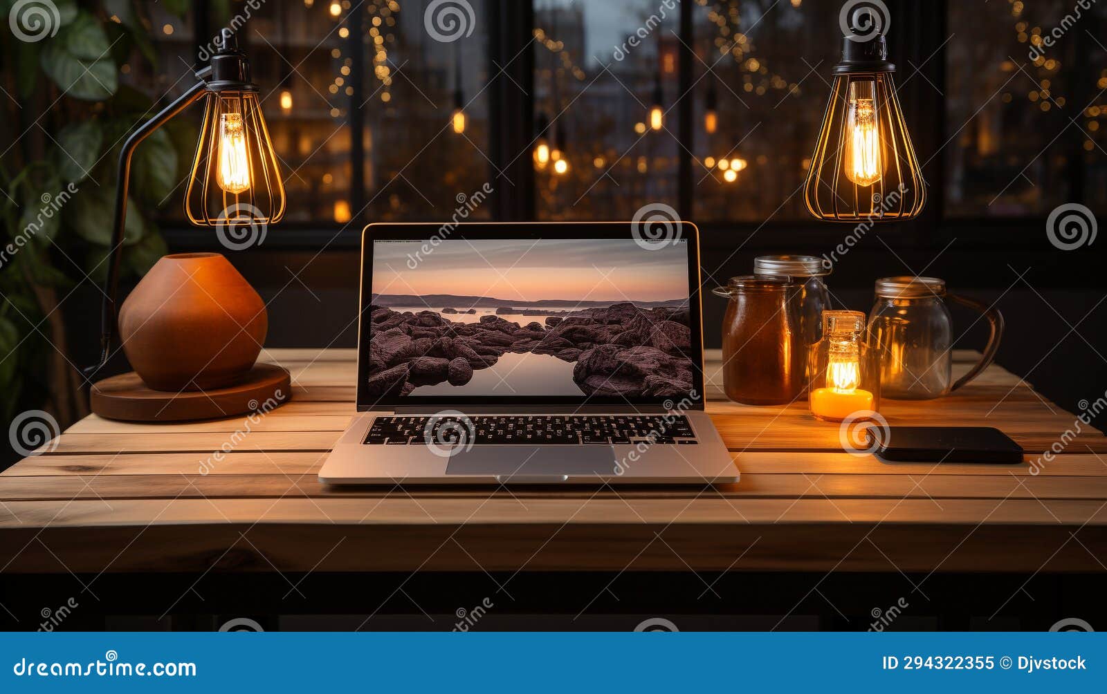 Modern Office Desk with Computer, Laptop, and Illuminated Lamp ...