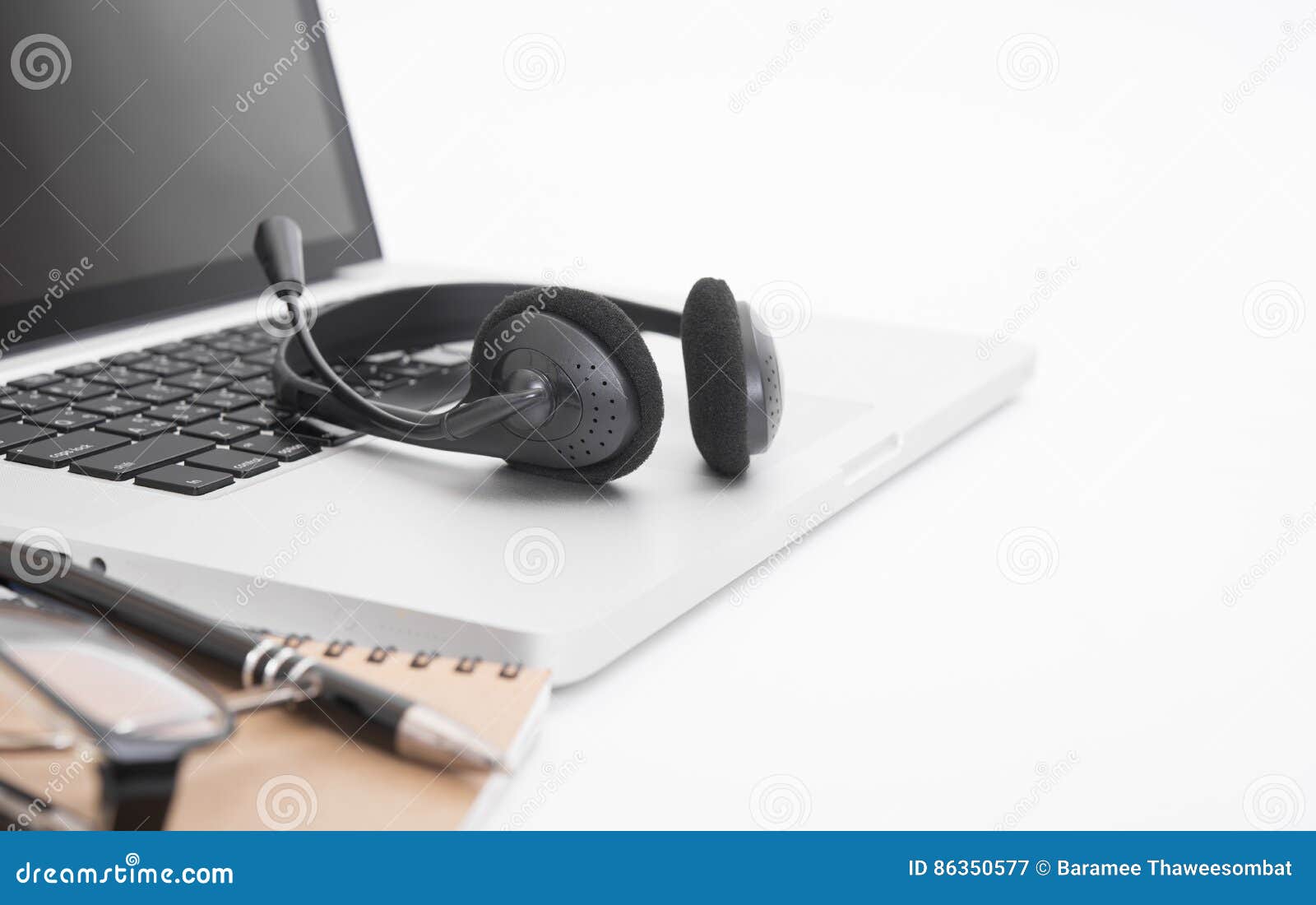 Modern Office Desk with Computer, Notebook, Headset Stock Image - Image ...