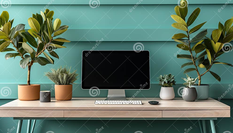 Modern Office Desk with Computer, Plant, and Design Illustration ...