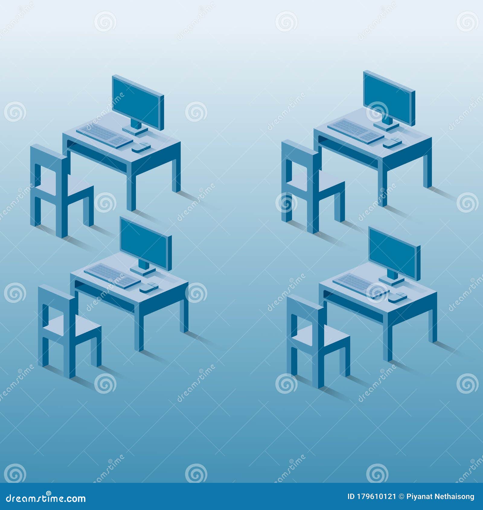 Modern Office Desk with Desktop in Flat Design. Social Distance Stock ...
