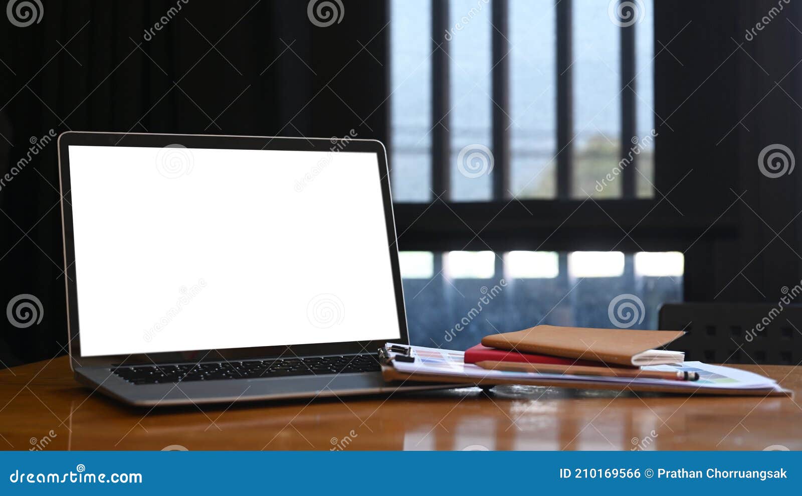Office Desk with Laptop Computer, Notebook and Documents.Modern Office ...