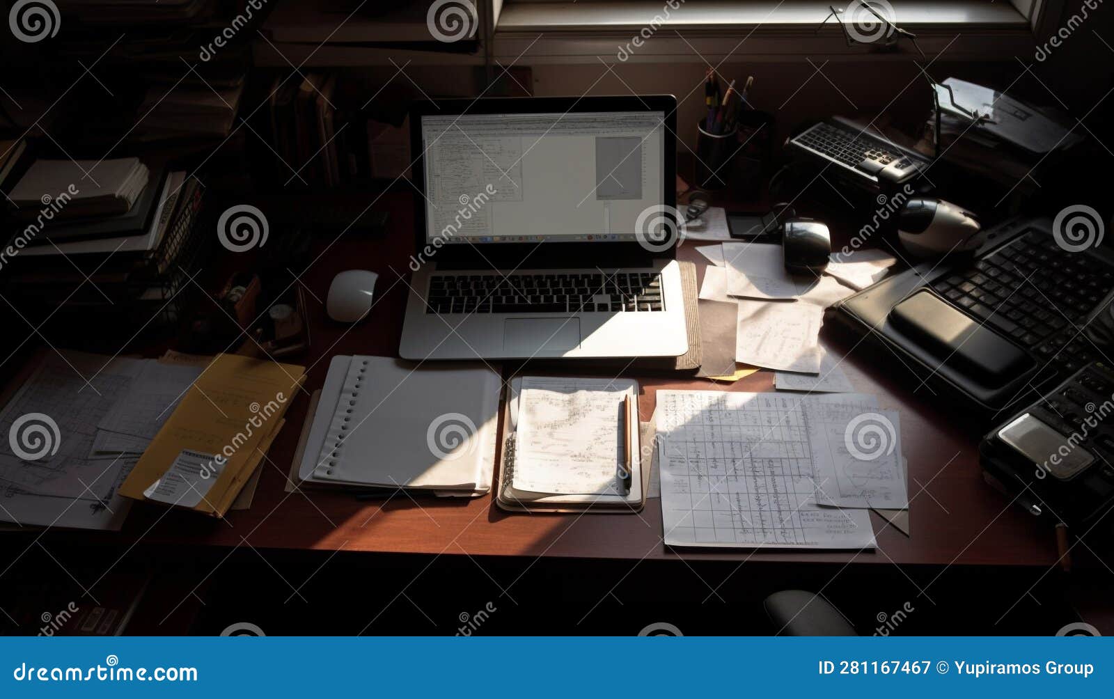 Modern Office Desk with Laptop, Documents, and Creative Equipment ...