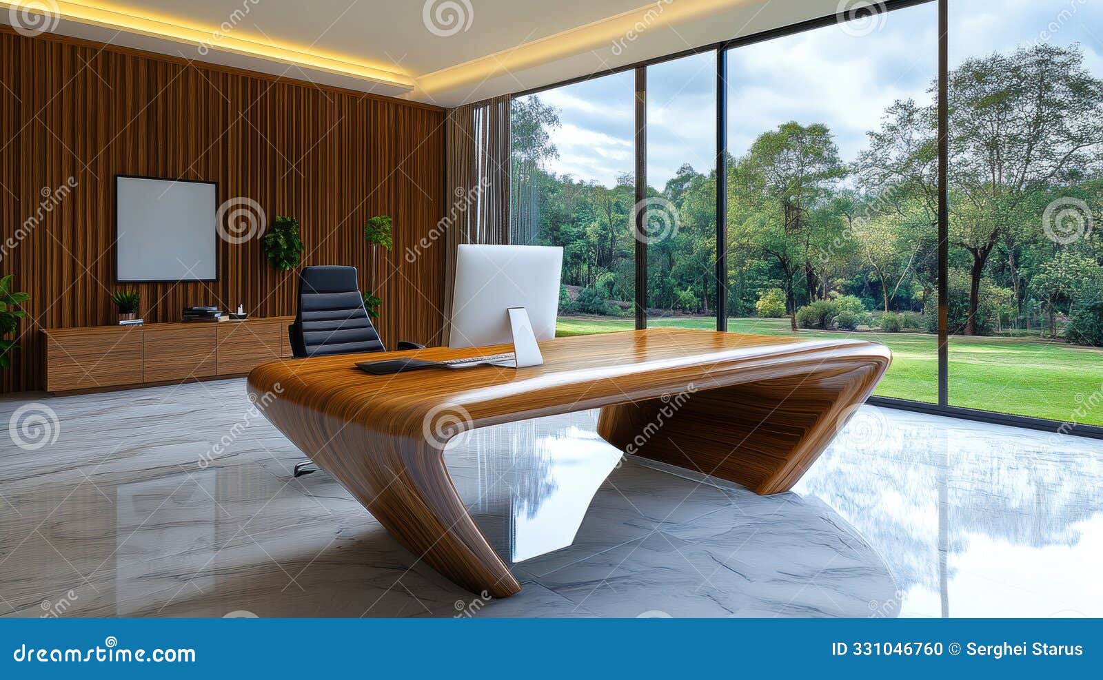A Modern Office with a Desk and Large Windows Overlooking the Outside ...
