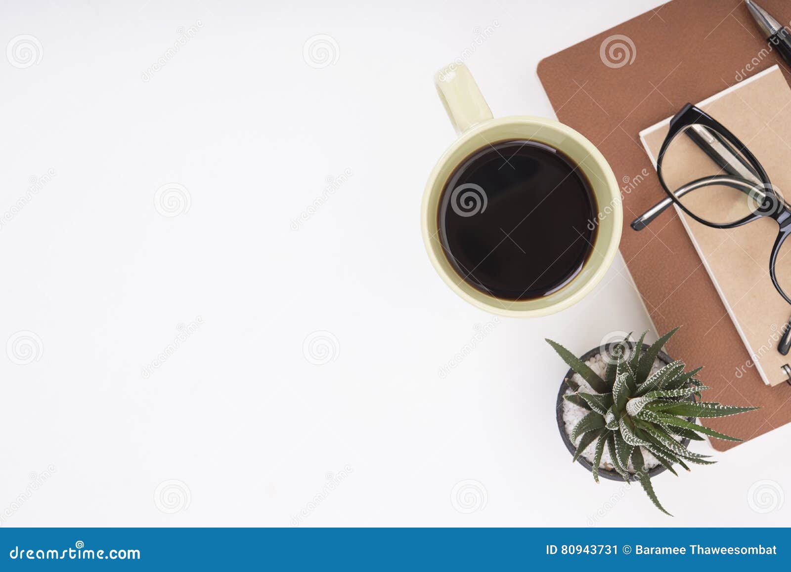 Modern Office Desk with Notebook, Pen, Paper Book and Coffee Cup Stock ...