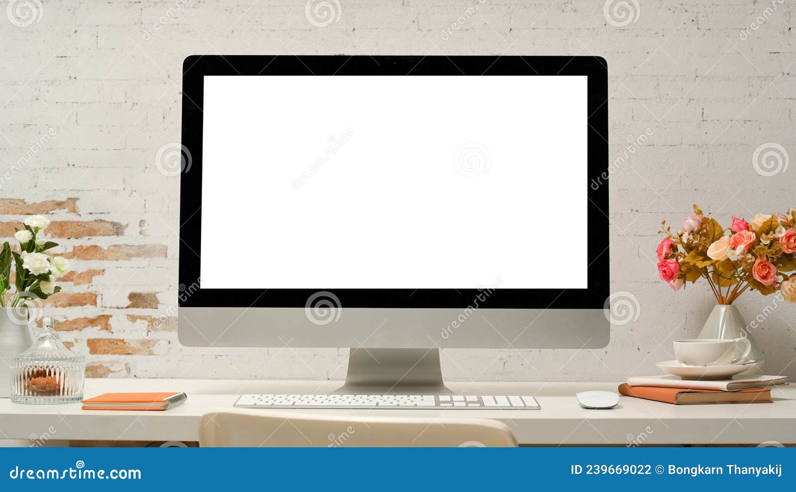 Modern Office Desk with Pc Desktop Computer on Table Over White Brick ...