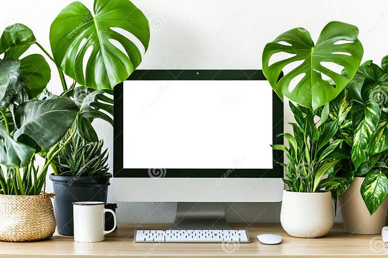 A Modern Office Desk Setup with a Blank Computer Screen and Greenery. Stock Photo - Image of ...