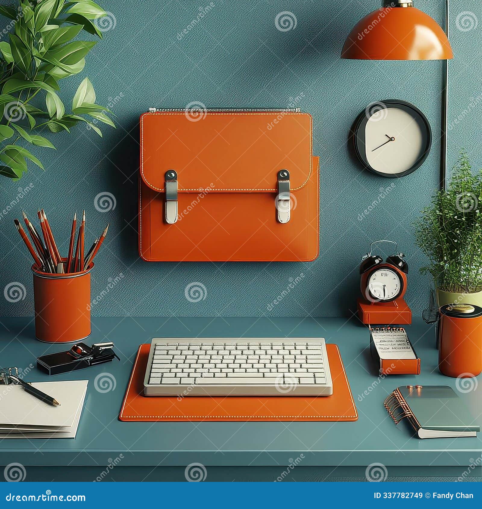 Modern Office Desk Setup with Orange Accents and a Leather Bag Stock ...