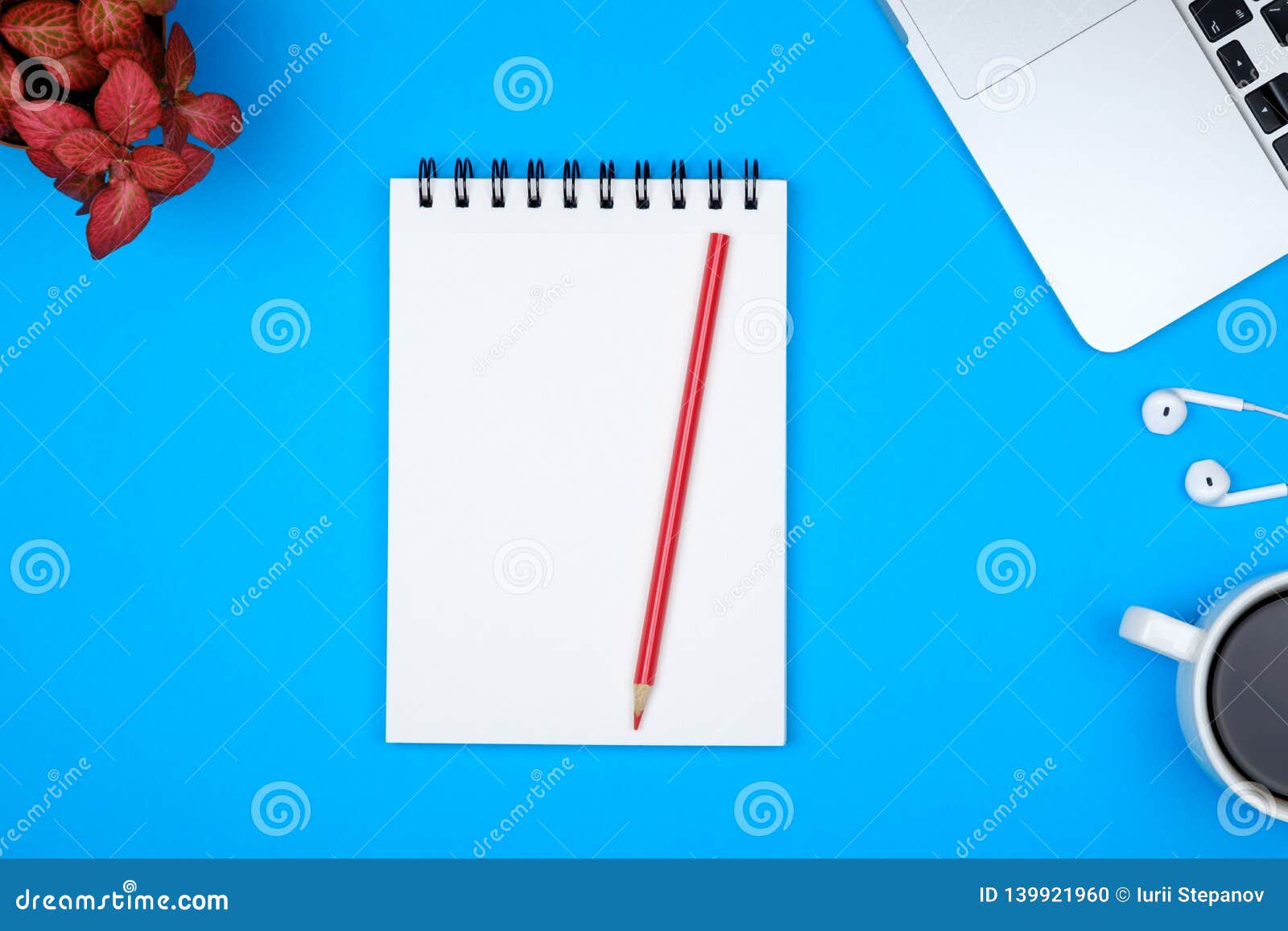 Modern Office Desk Table with Computer, Blank Notebook Page and Red ...