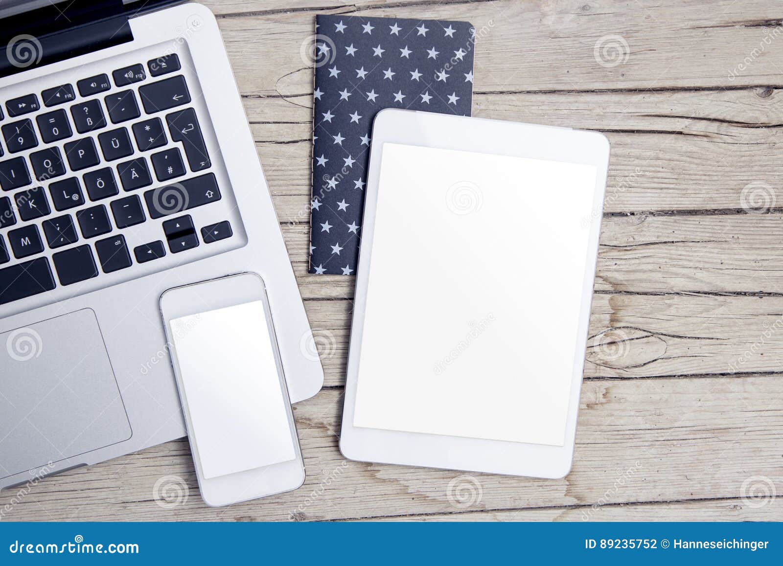 Modern Office Desk with Tablet, Handy and Notepad Stock Photo - Image ...