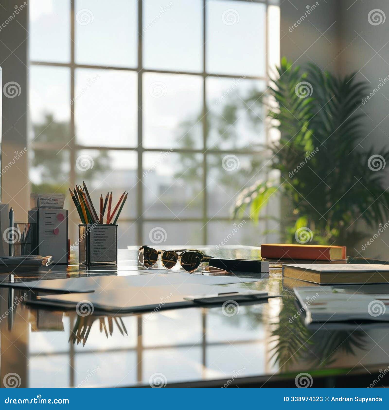 Modern Office Desk with Window View Stock Illustration - Illustration ...