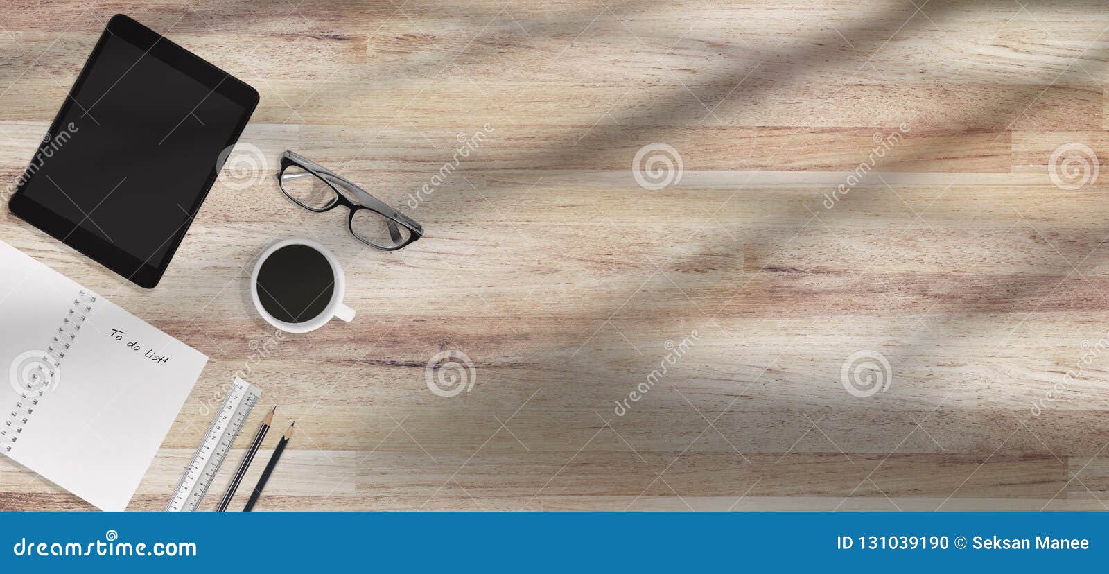 Modern Office Desk Workplace with Supplies with Copy Space. Morning Sun ...