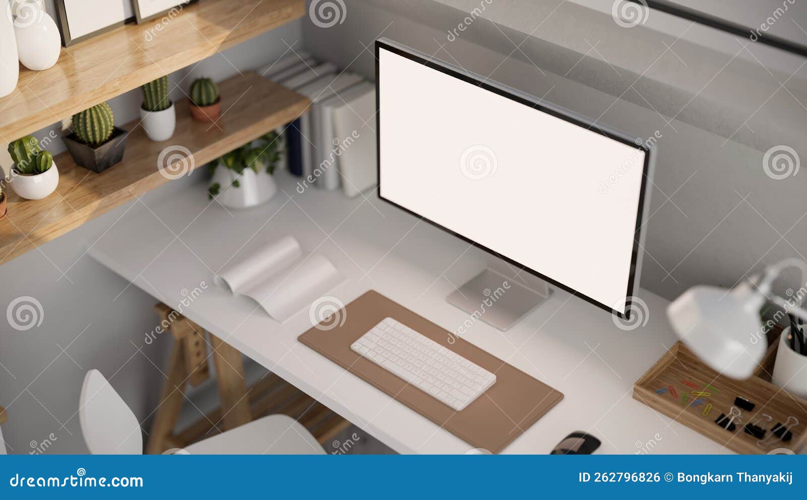 A Modern Office Desk Workspace with Computer Mockup and Decor on White ...