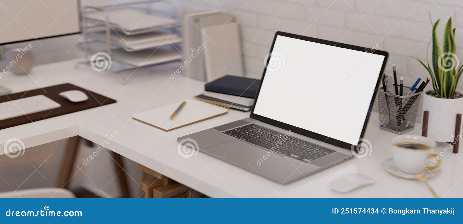 Modern Office Desk Workspace with Notebook Laptop Mockup and Office ...