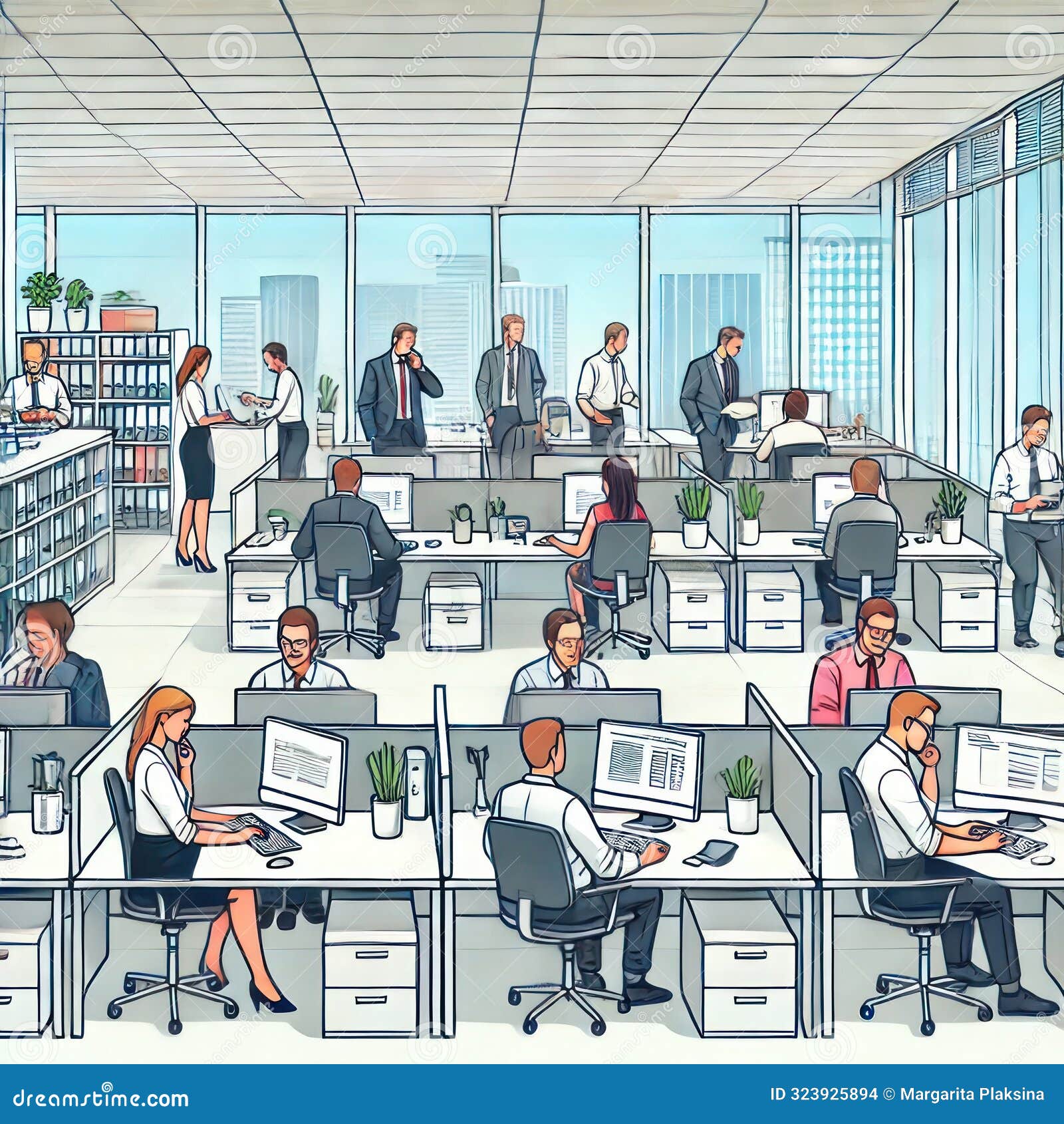 Modern Office Environment with Busy Employees Collaborating and Working ...