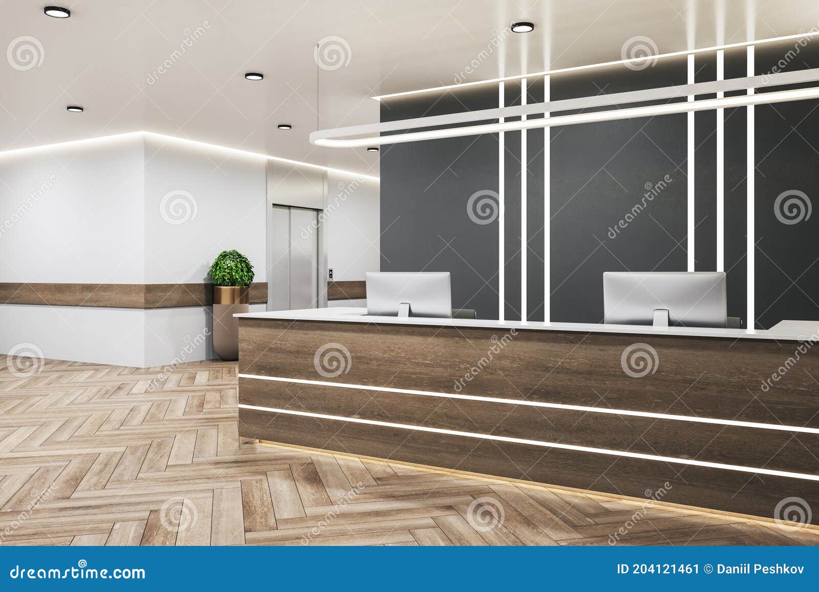 Modern Office Hall with Wooden Reception Desk and Elevator Stock ...