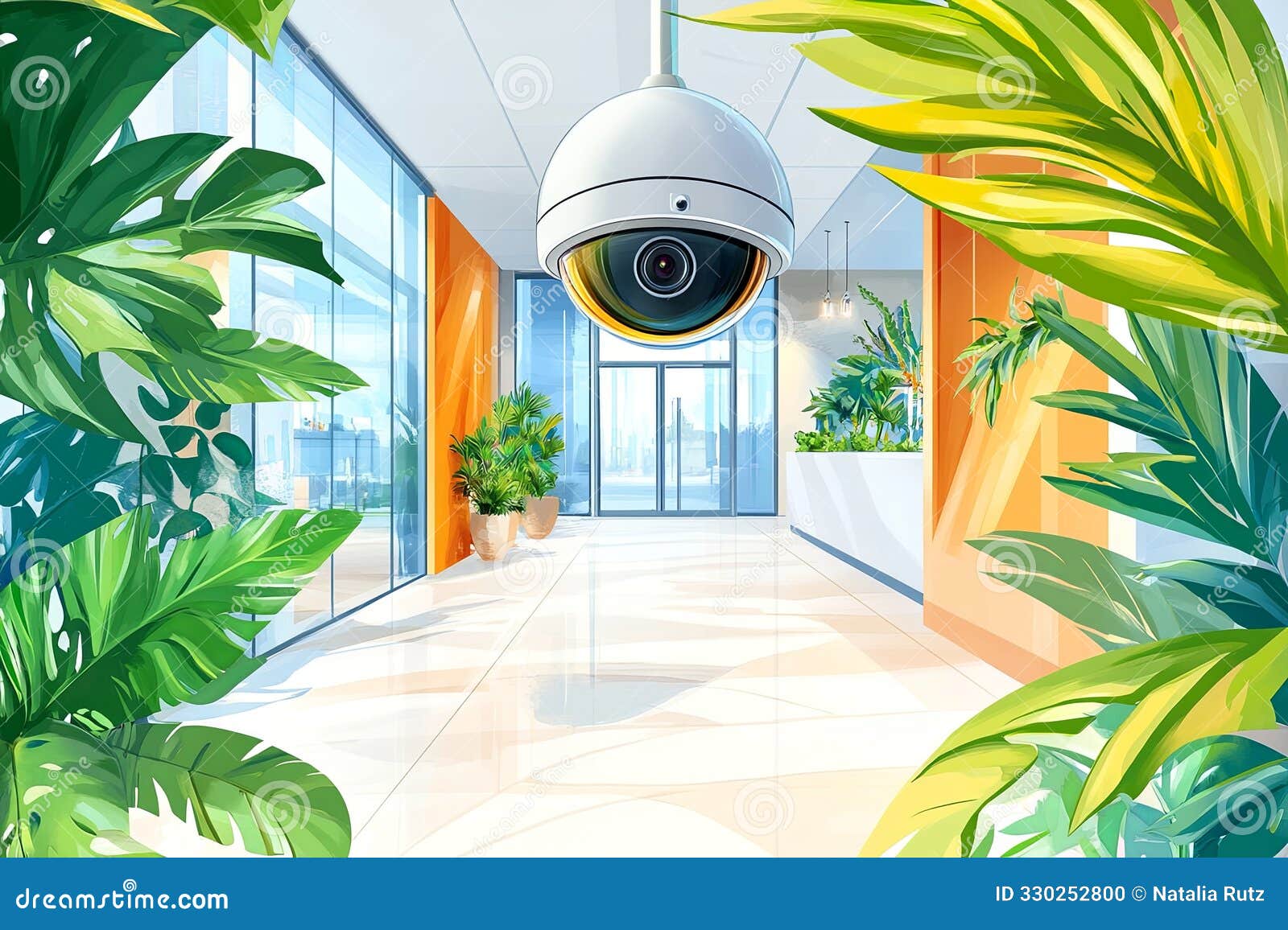 A Modern Office Hallway with a Dome-shaped Security Camera Stock Photo ...