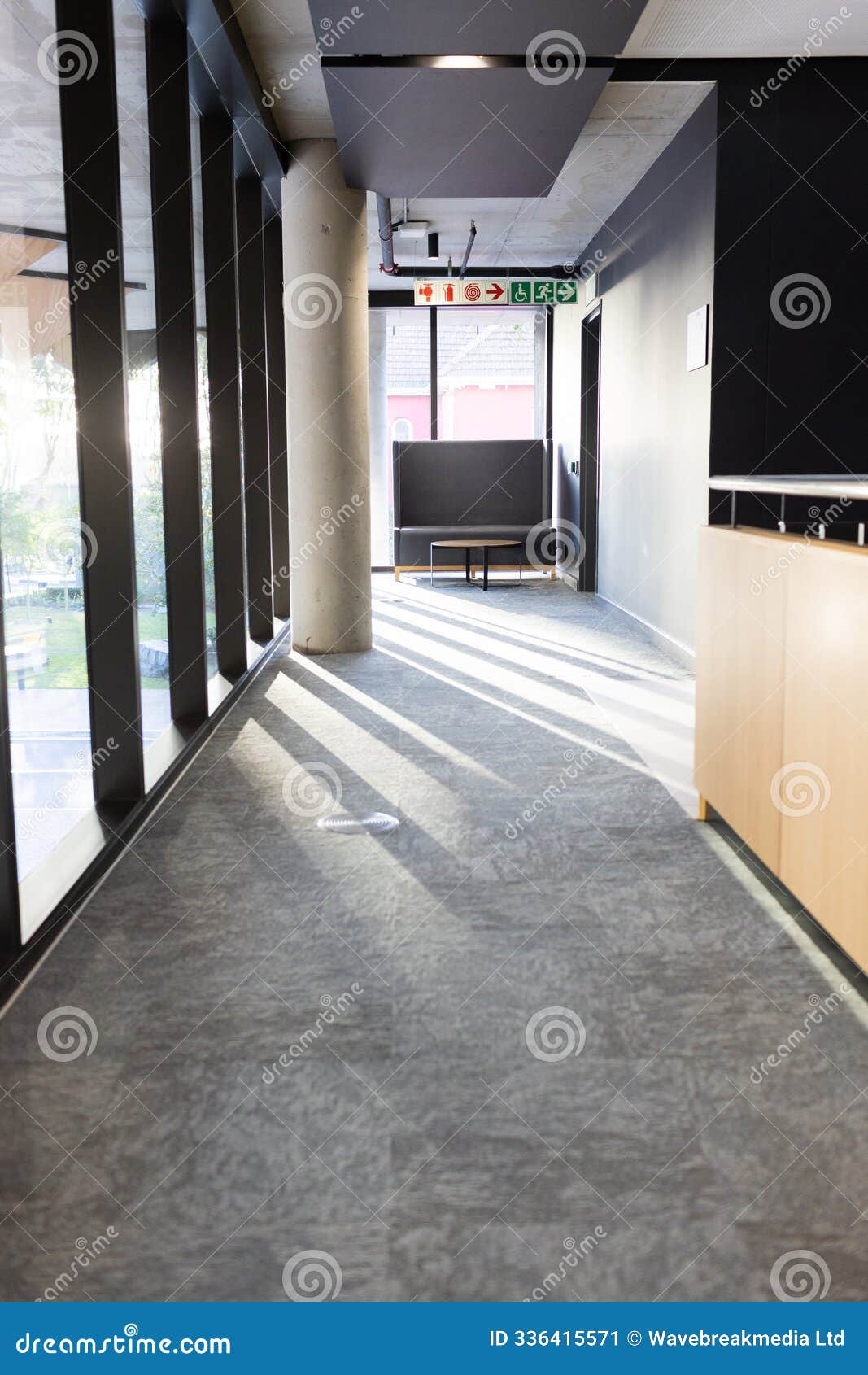 Modern Office Hallway with Large Windows and Natural Light Streaming in ...