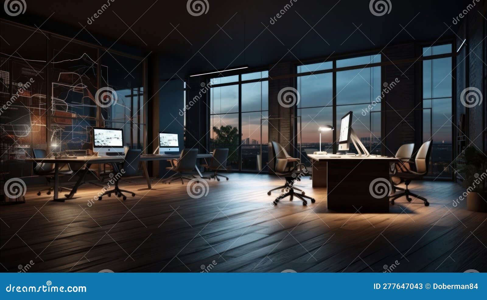 Modern Office, High-tech Design, Computers on the Tables, Evening Light ...