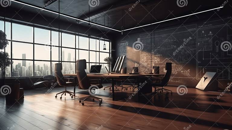 Modern Office in High-tech Style, with Beautiful Evening Light, Large ...