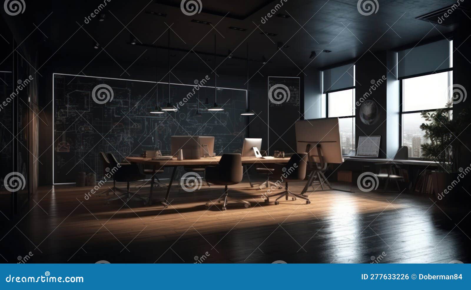 Modern Office in High-tech Style, with Beautiful Evening Light, Large ...
