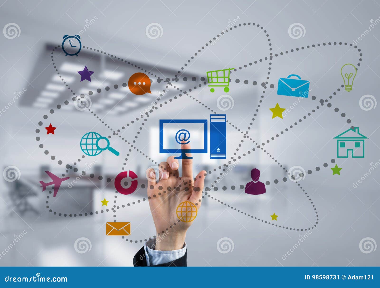 Modern Office Interior and Close of Businesswoman Hand Choosing Icon on ...