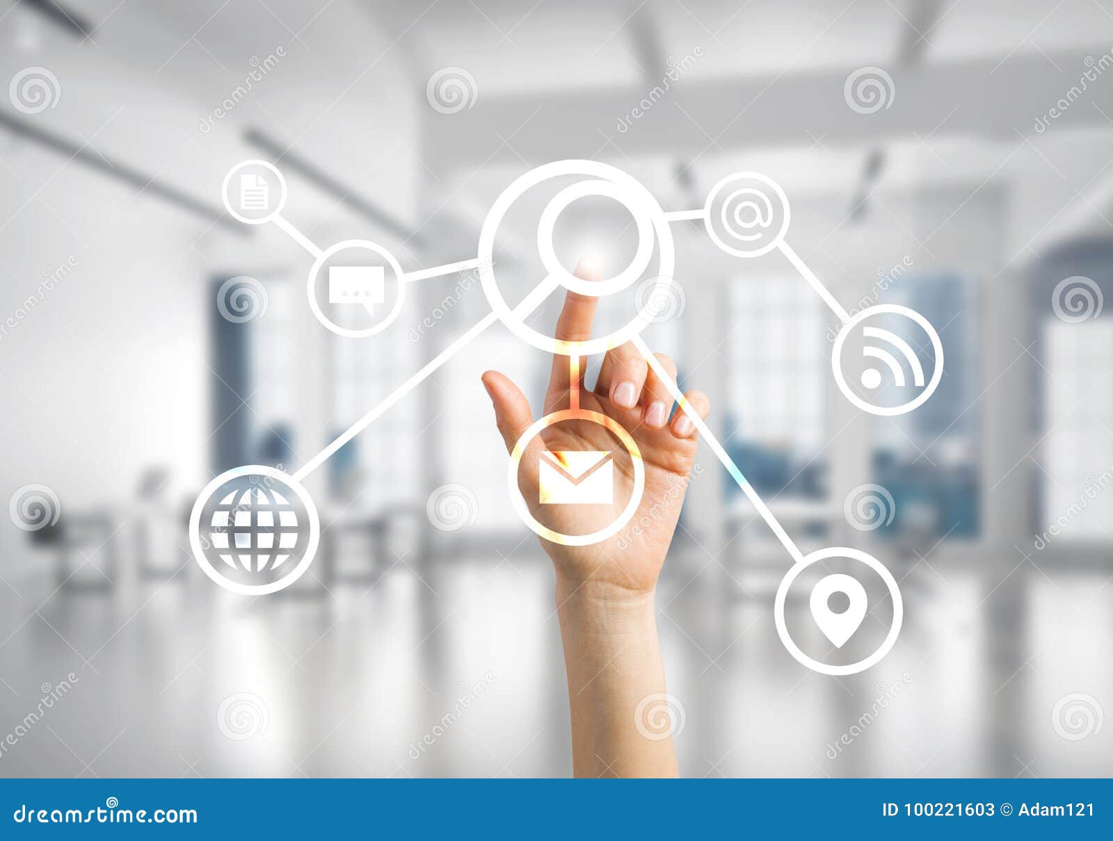 Modern Office Interior and Close of Businesswoman Hand Choosing Symbol ...