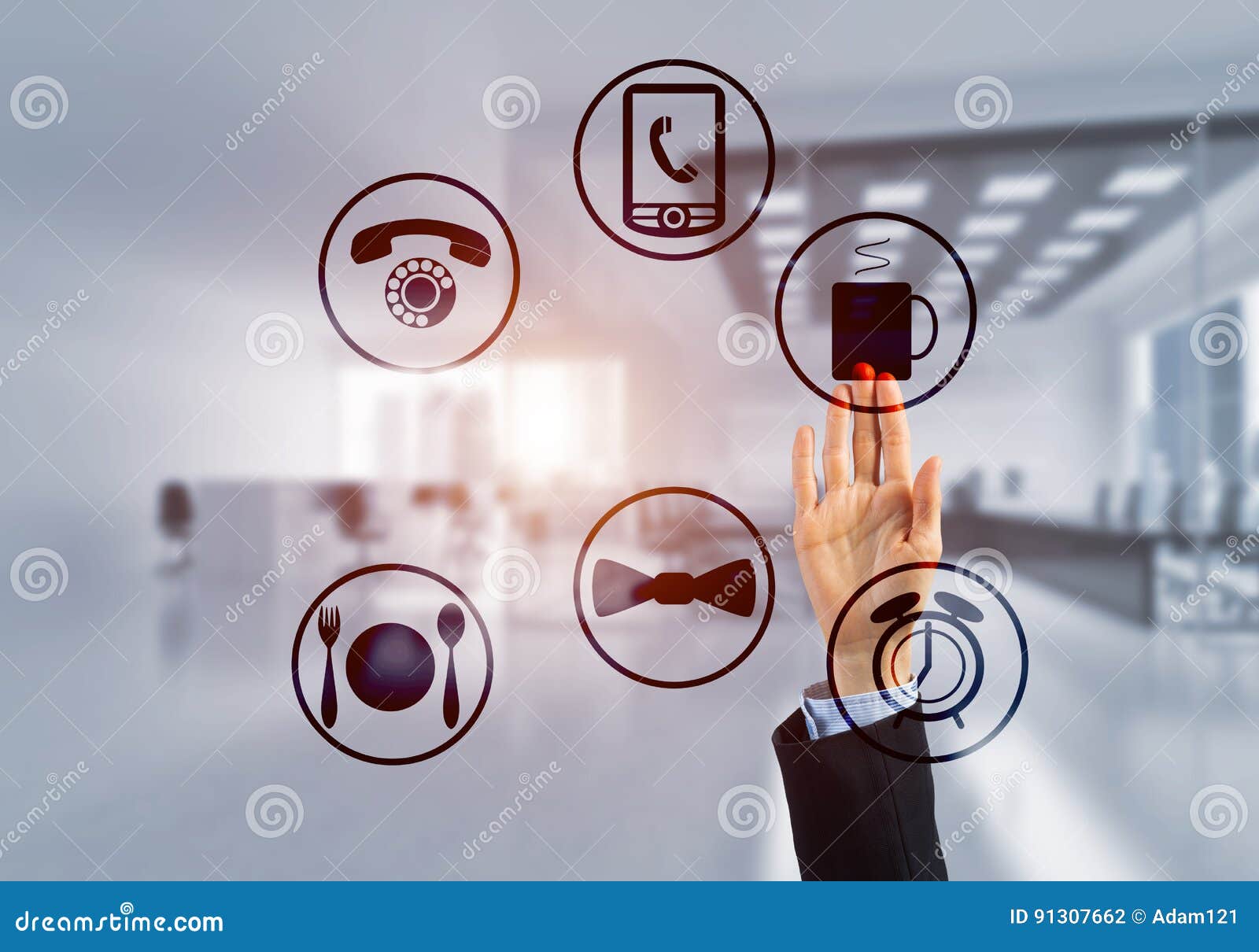 Modern Office Interior and Close of Businesswoman Hand Choosing Symbol ...