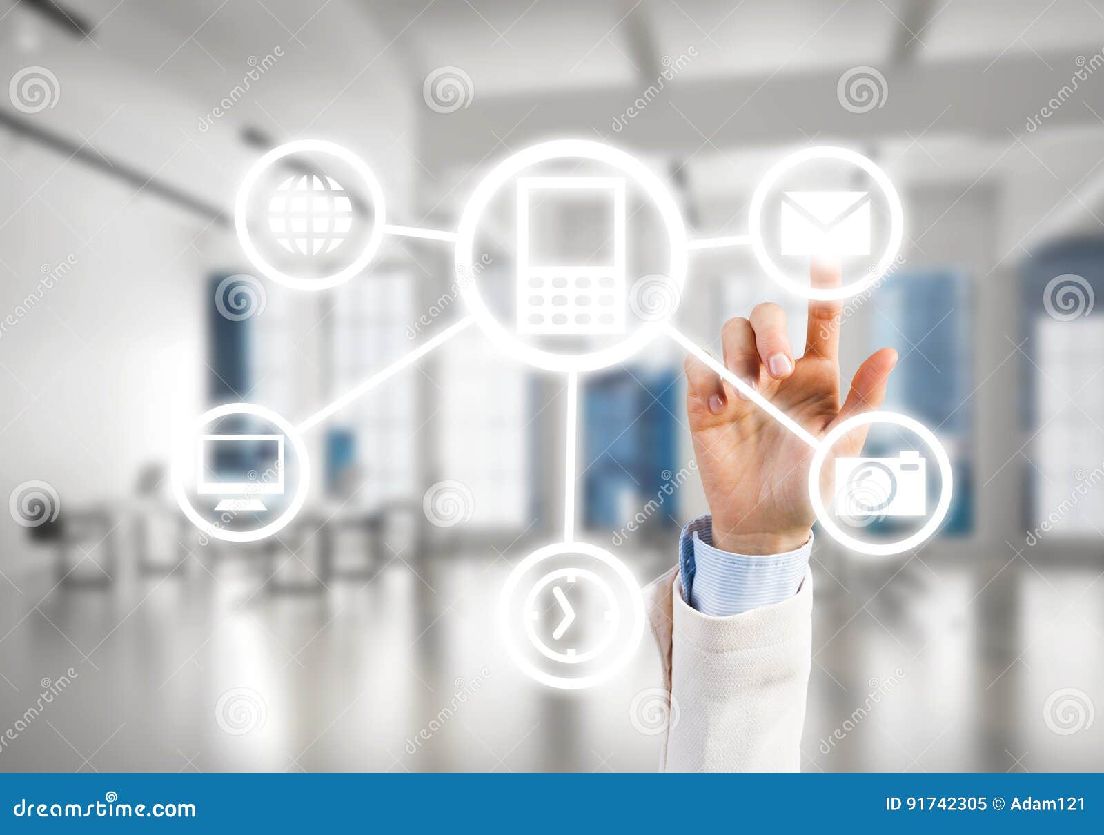 Modern Office Interior and Close of Businesswoman Hand Choosing Symbol ...