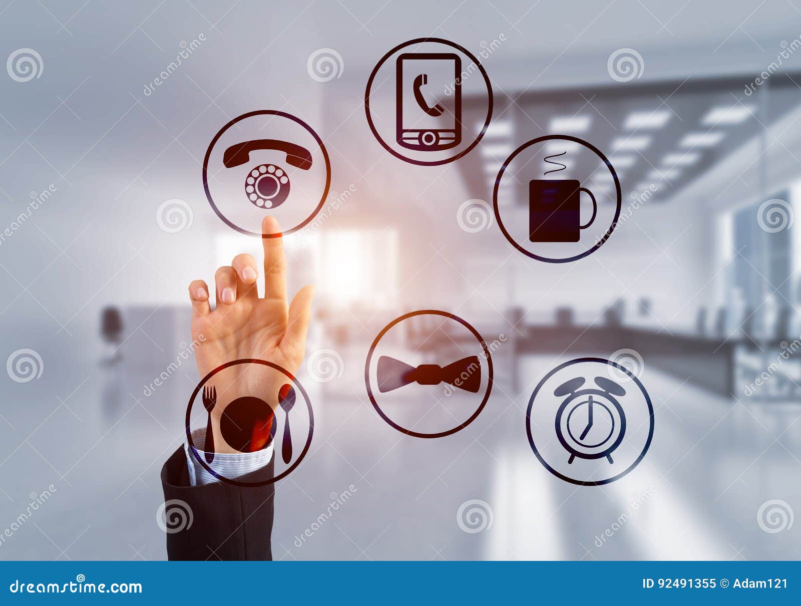 Modern Office Interior and Close of Businesswoman Hand Choosing Symbol ...