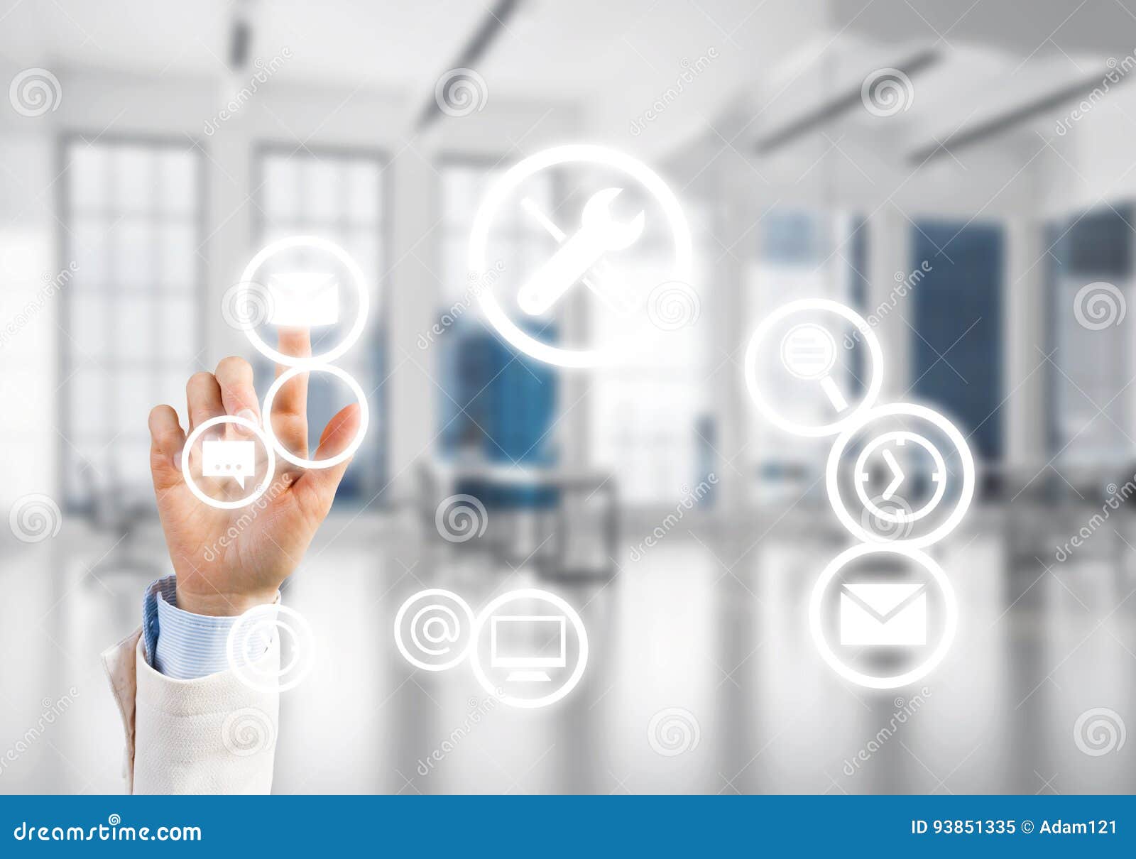 Modern Office Interior and Close of Businesswoman Hand Choosing Symbol ...