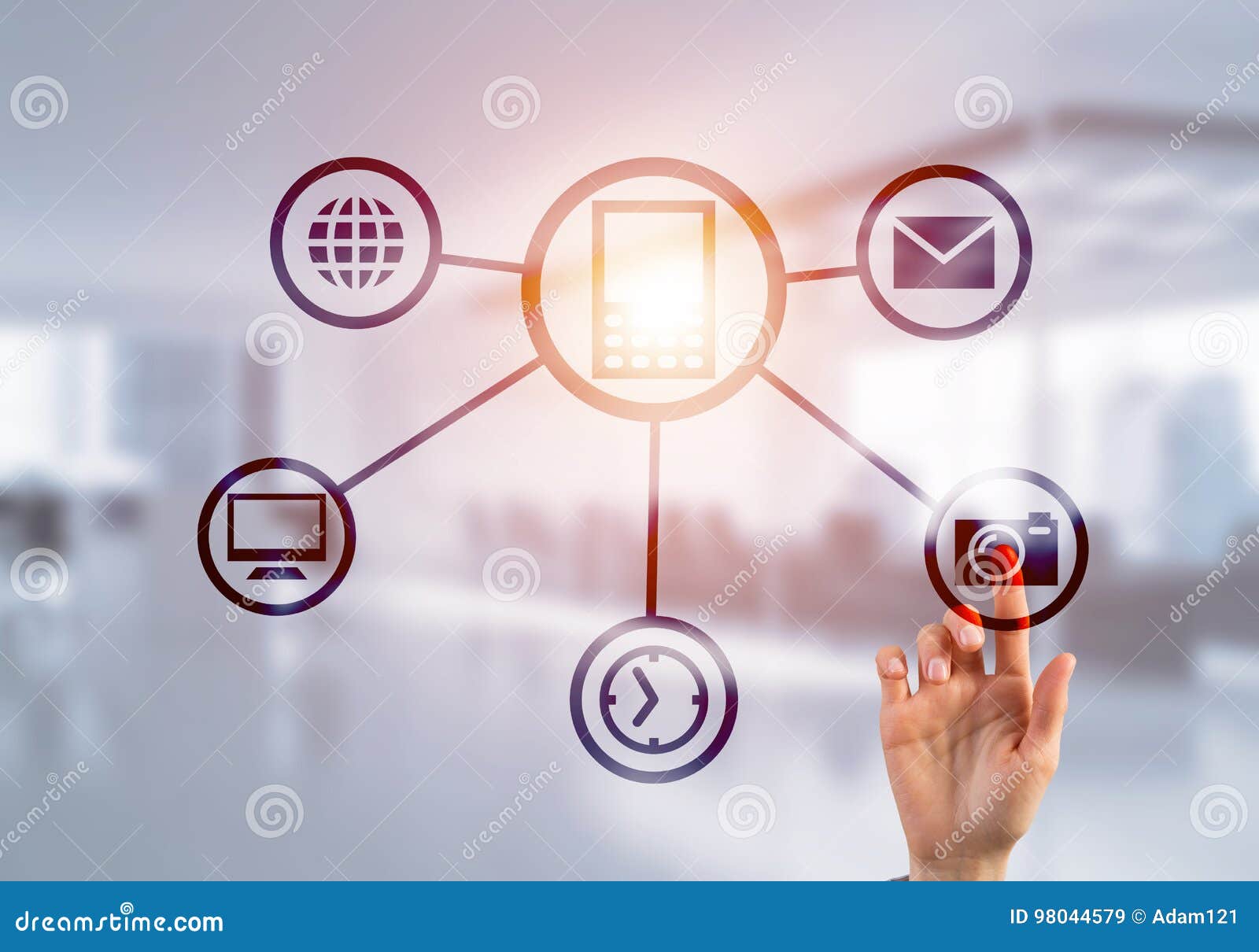 Modern Office Interior and Close of Businesswoman Hand Choosing Symbol ...