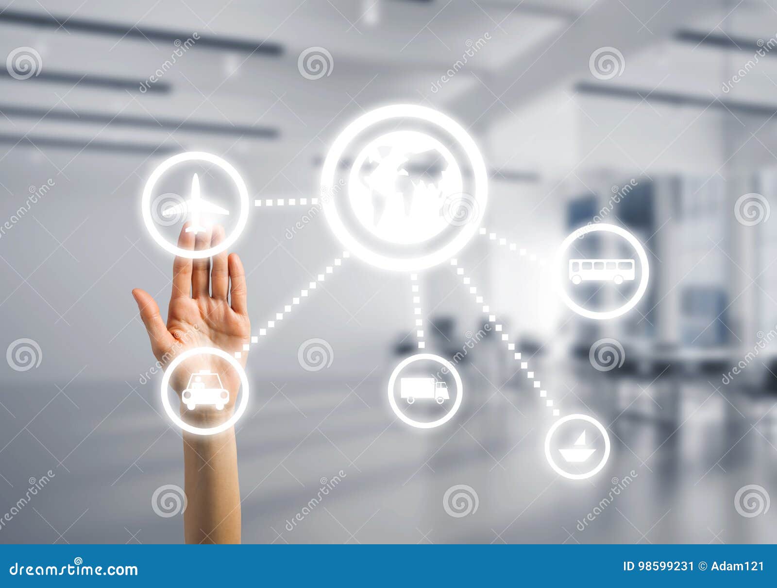 Modern Office Interior and Close of Businesswoman Hand Choosing Symbol ...