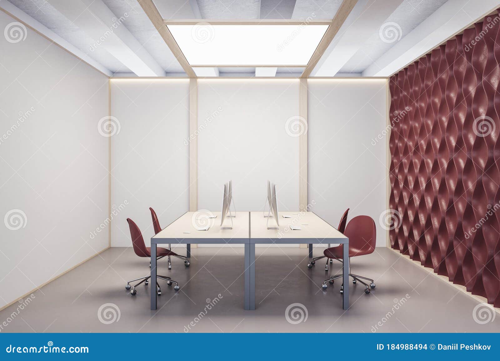 Modern Office Interior with Computers and Blank Decorative Red Wall ...