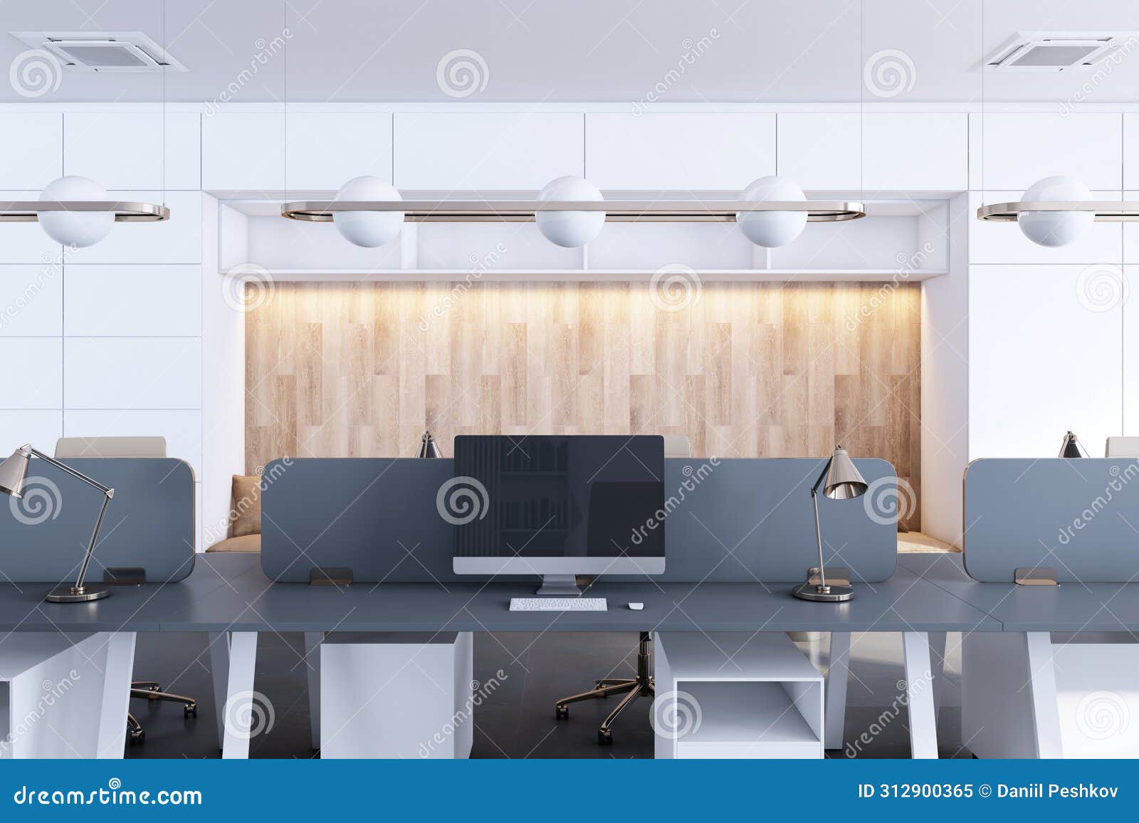 Modern Office Interior with Computers on Desks, White Walls, and Wooden ...