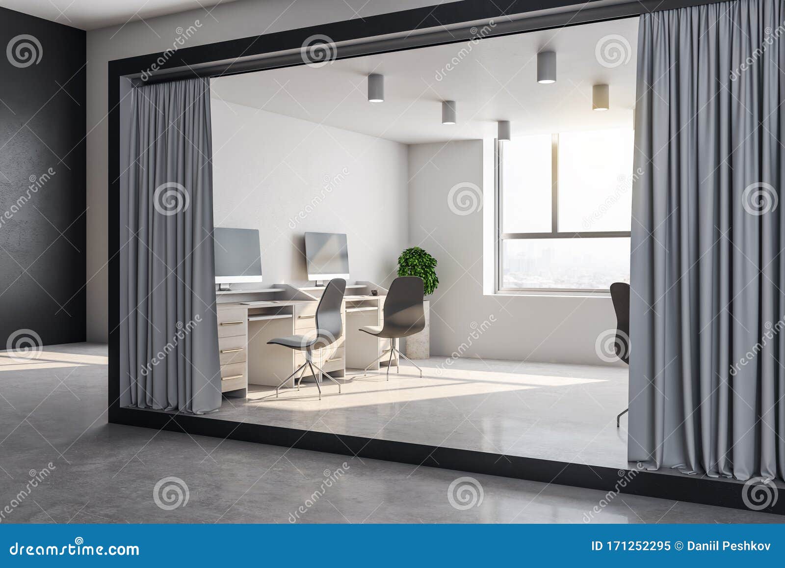 Modern Office Interior with Curtains Stock Illustration - Illustration ...