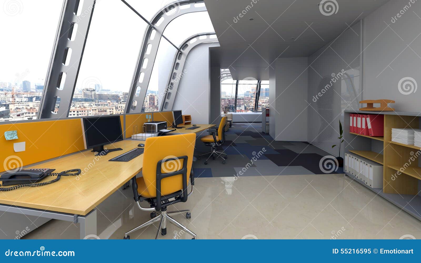 Modern Office Interior with Curved Glass Windows Stock Illustration ...