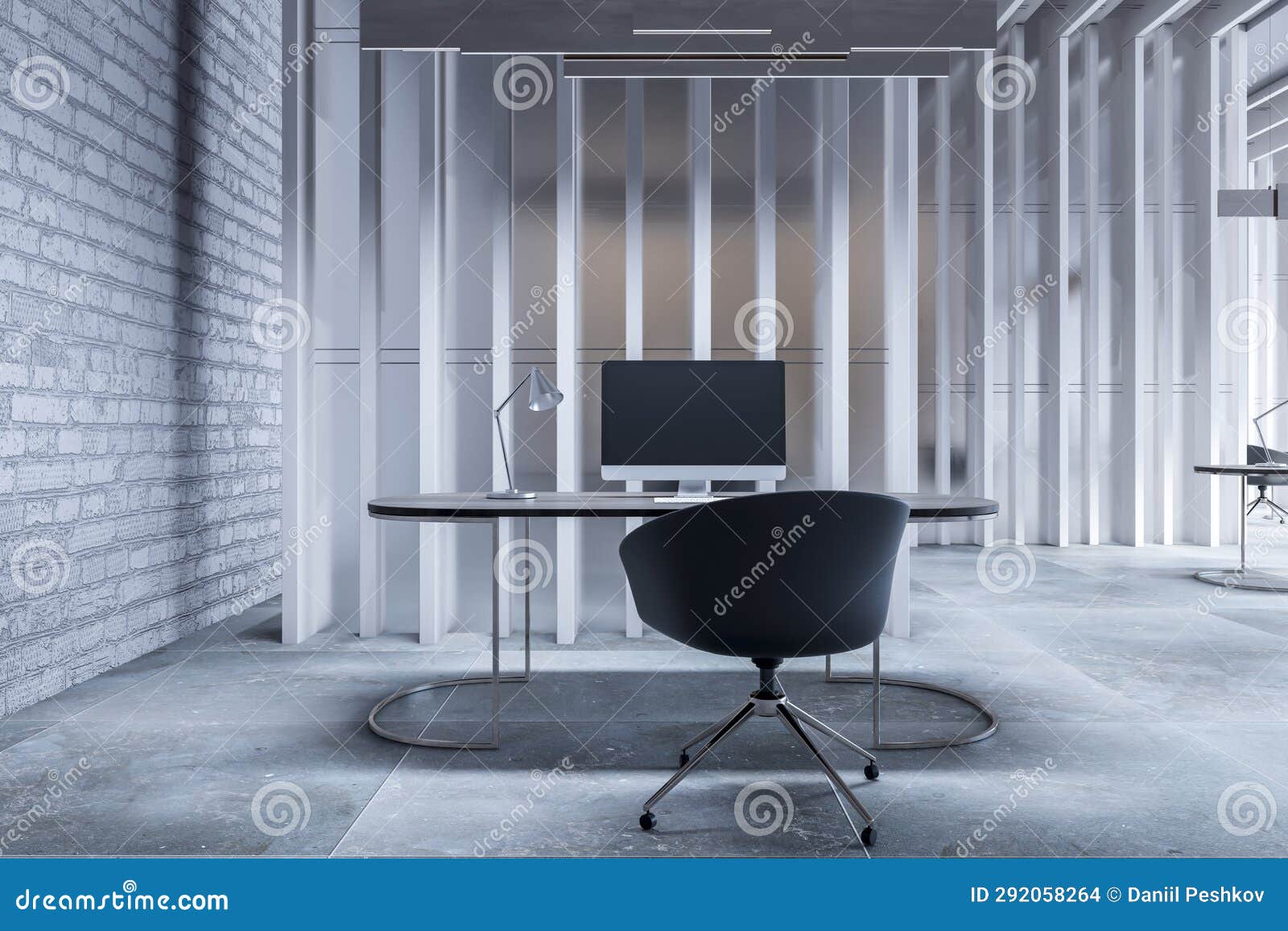 Modern Office Interior with Decorative Stone Wall and Furniture. Empty ...
