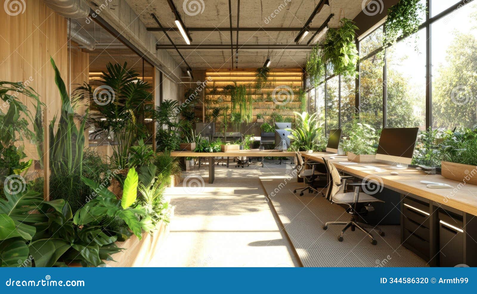 Modern Office Interior Design with Greenery Plant Stock Illustration ...