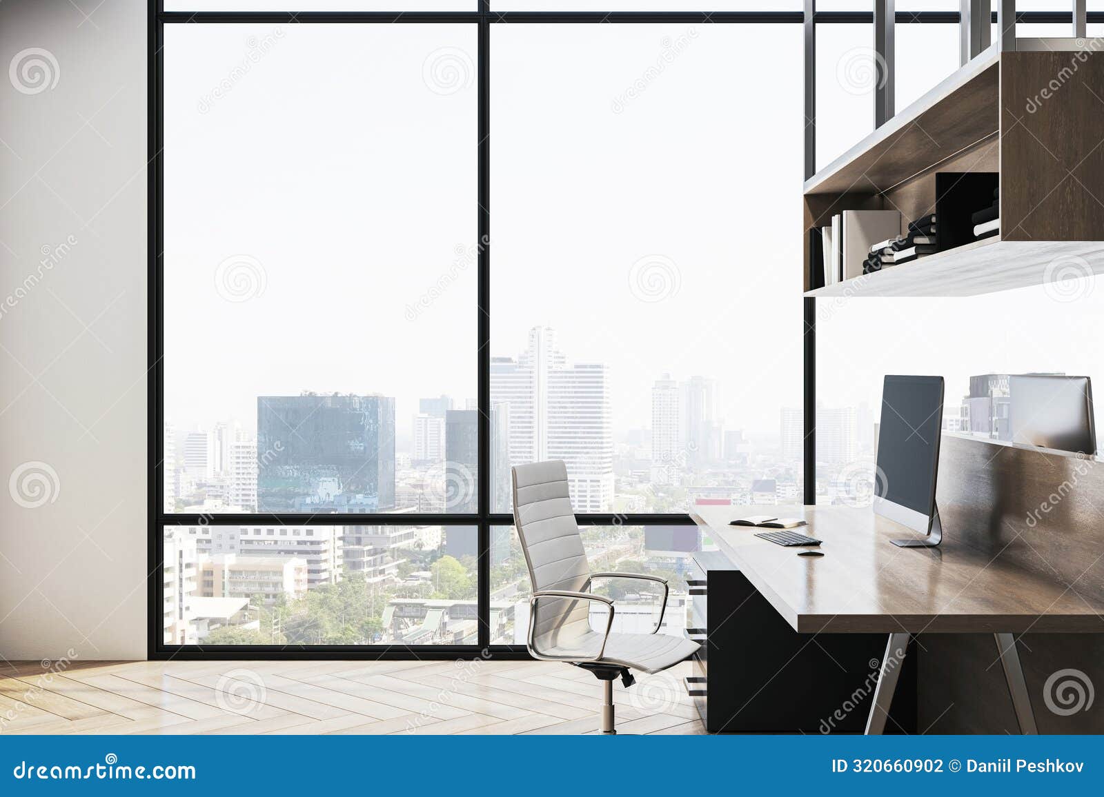 Modern Office Interior with Desk, Computer, Cityscape View, Realism ...