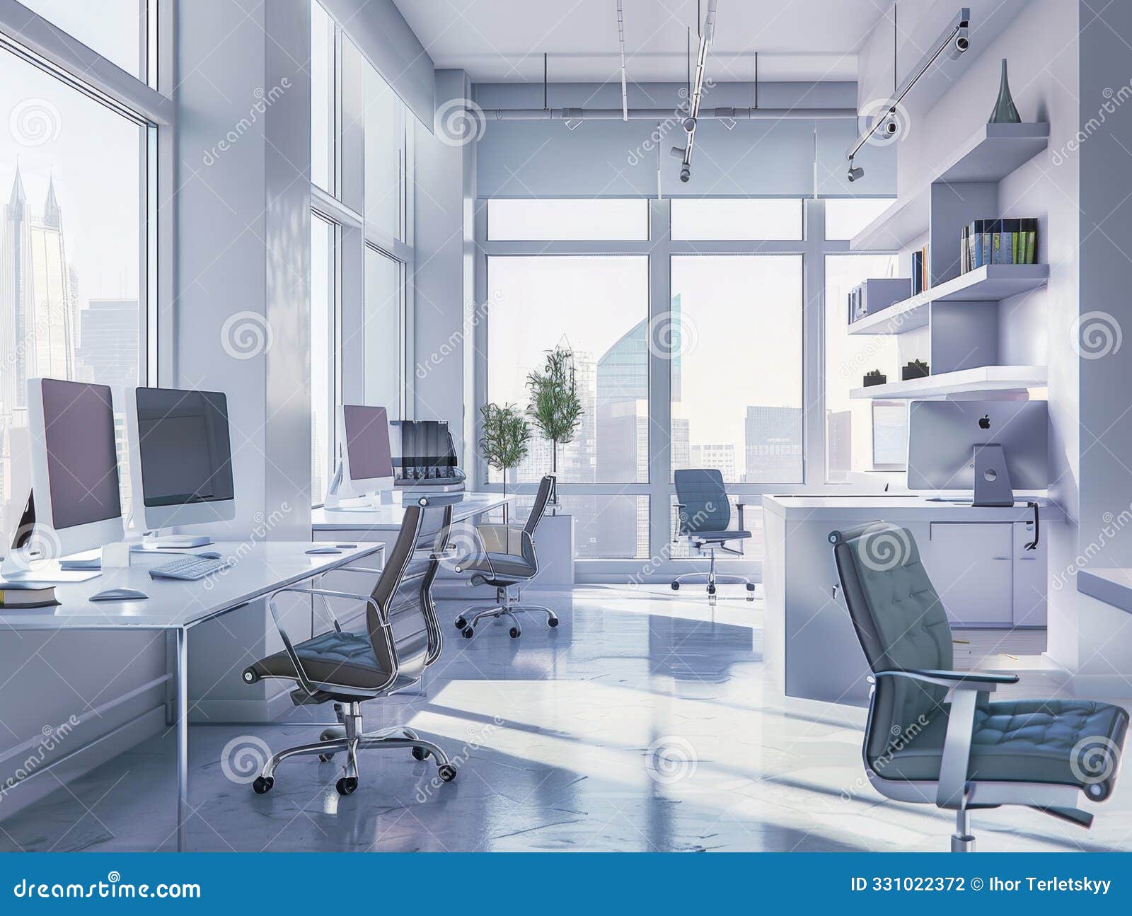Modern Office Interior with a Desk, Computer, and Window View during ...