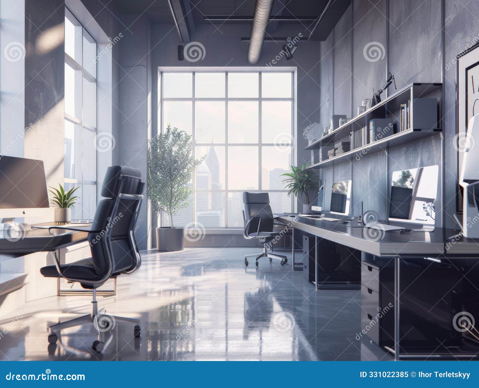Modern Office Interior with a Desk, Computer, and Window View during ...