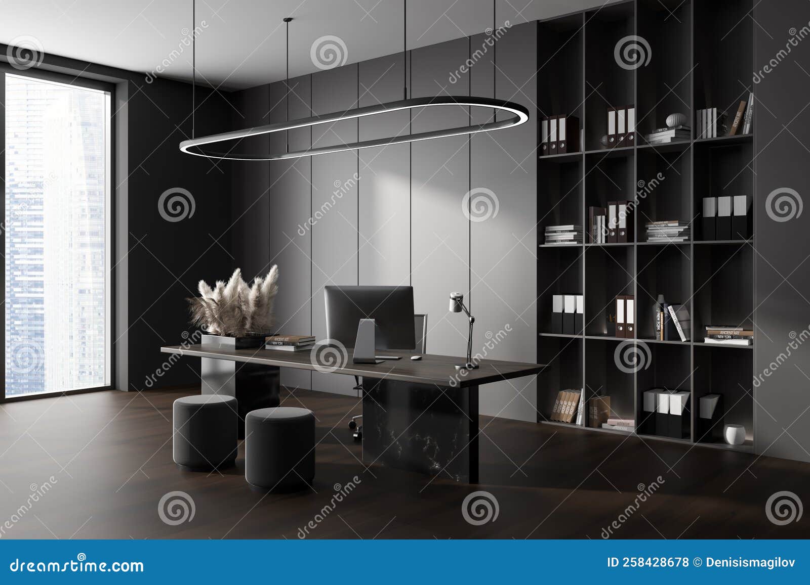 Modern Office Interior with Desk and Pc Computer, Shelf and Panoramic ...