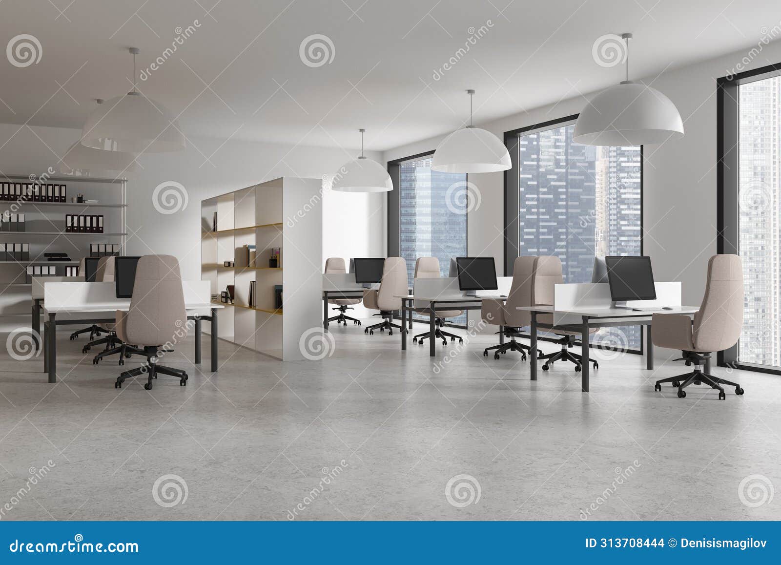 Modern Office Interior with Desks, Chairs, Computers, and City View ...