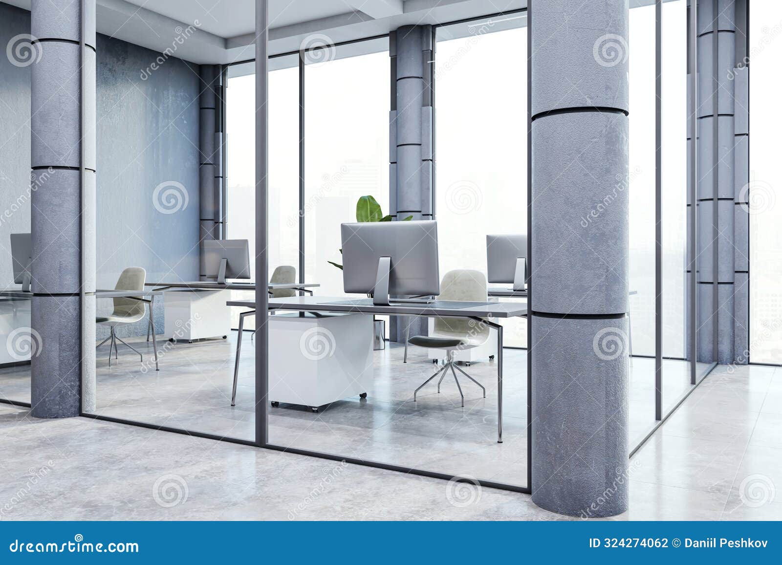 Modern Office Interior with Desks, Chairs, and Computers, Concrete ...