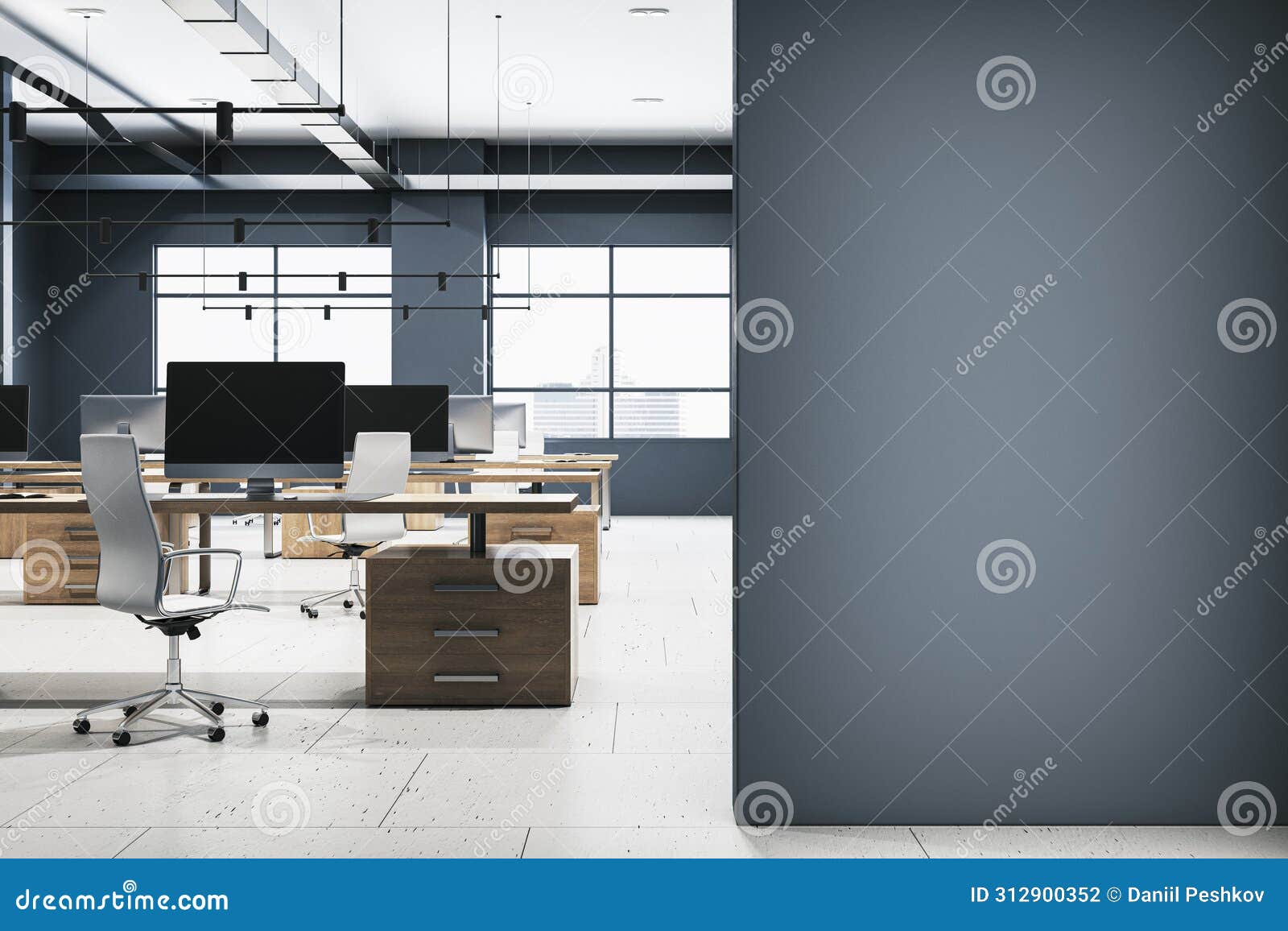 Modern Office Interior with Desks, Chairs, and Computers, Light Color ...
