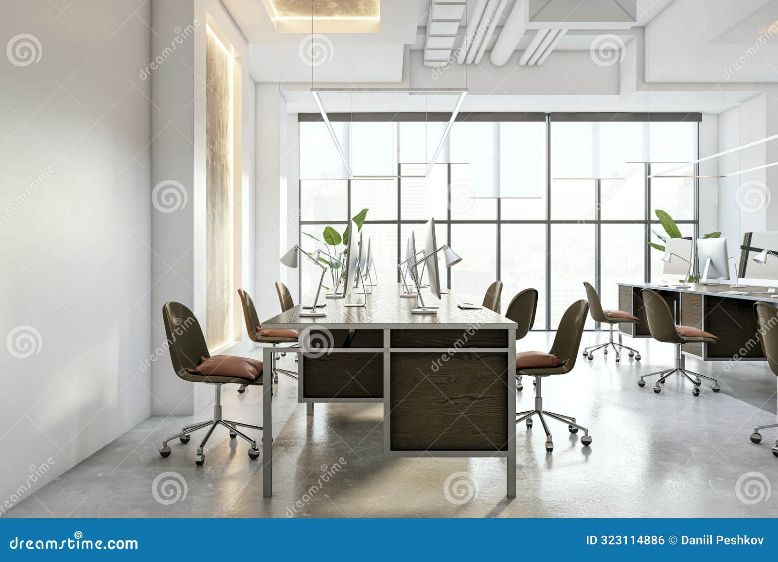 A Modern Office Interior with Desks, Chairs, and Computers, a ...