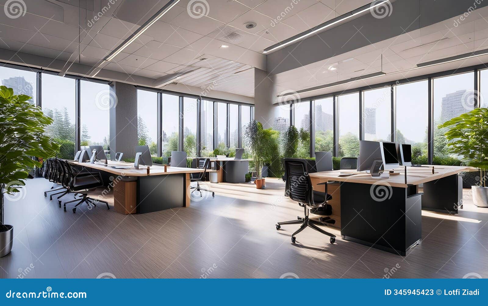 Modern Office Interior with Desks, Computers, Chairs, and Plants, Large ...
