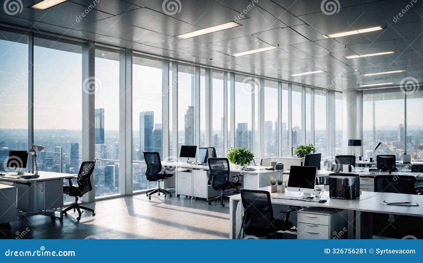 Modern Office Interior with Desks, Computers, and Panoramic City Views ...